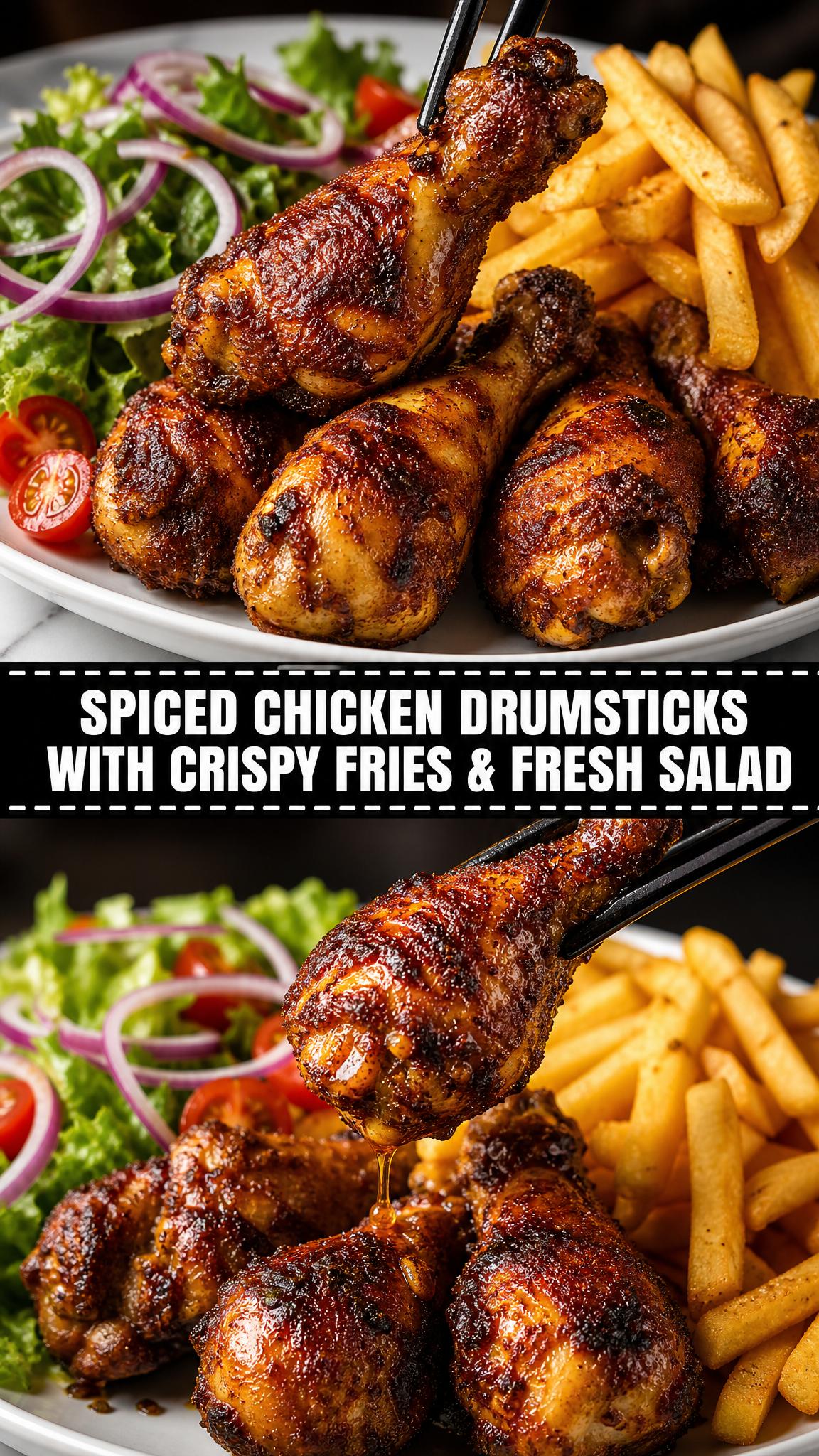 Spiced Chicken Drumsticks with Crispy Fries & Fresh Salad